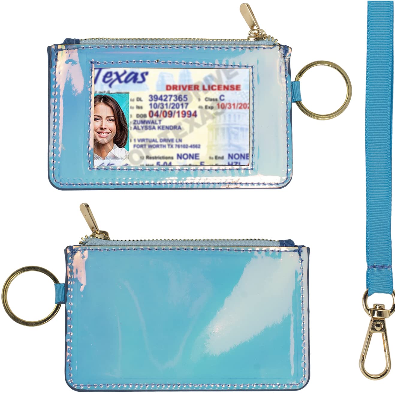 Women's Glitter Zip Id Case Bling Wallet (Hologram Blue)