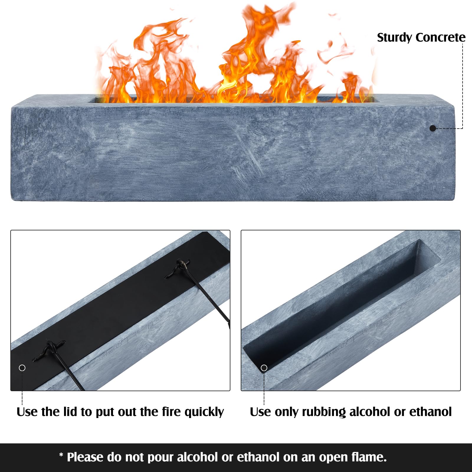 Barydat 2 Pieces Large Rectangle Tabletop Fire Pit Concrete Portable Table Top Fireplace Bioethanol Fireplace for Indoor Outdoor Garden, 14.5 x 3.1 x 3.1 Inches, Ethanol Fuel Not Included