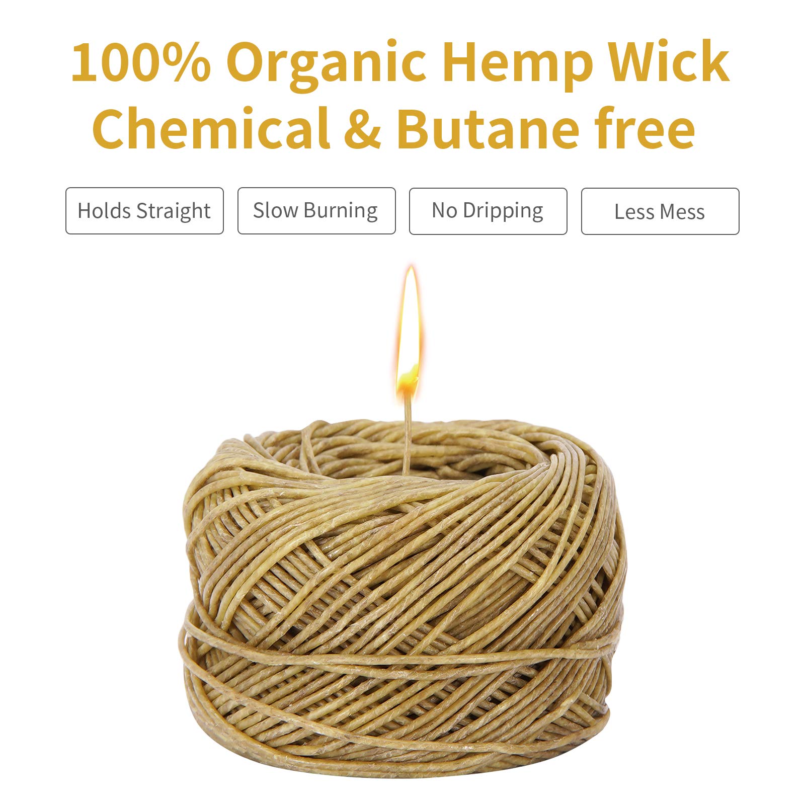 CHEFBEE 200 FT Organic Hemp Wick, Hemp Wick Well Coated Natural Beeswax for Hemp Wick Lighter or Candle Making, Slow Burn, No Dripping, Standard Size(1.1mm)