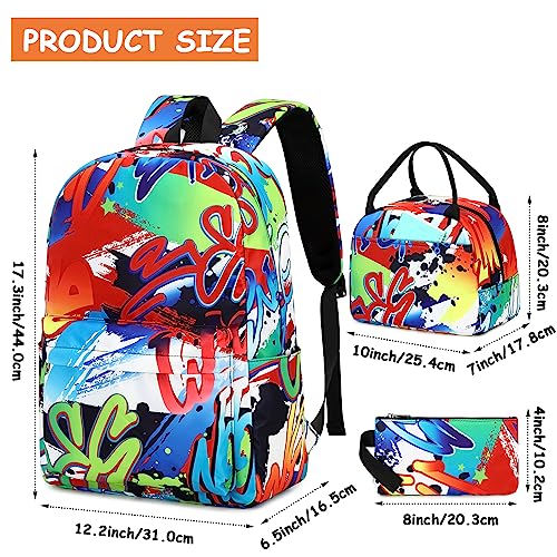 Bluboon School Backpack for Boys Teens Bookbag Travel Daypack Kids Girls Lunch Bag Pencil Case (Doodle-3pcs)
