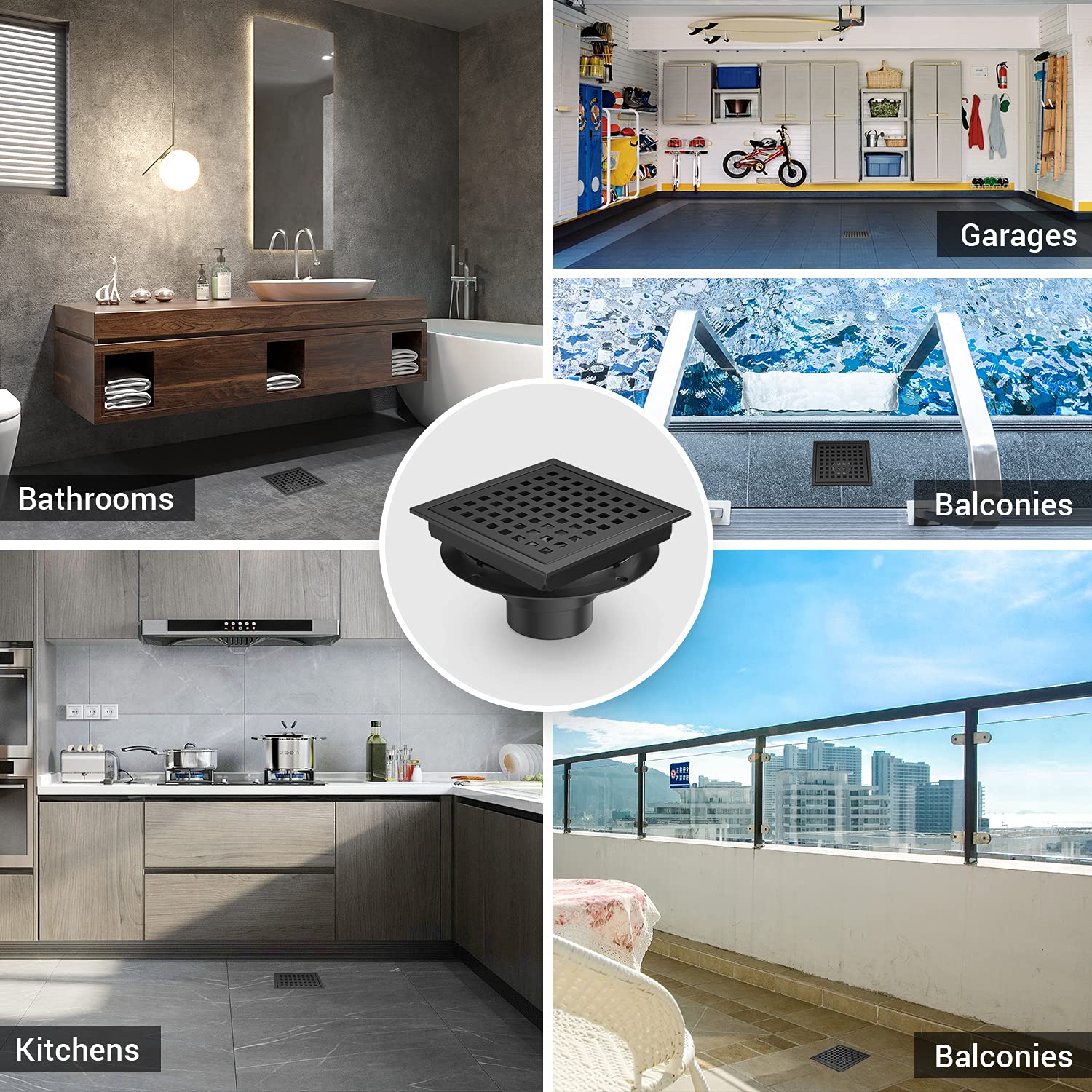 Bmvlffs Square Shower Floor Drain, Bmvlffs 6 Inch Matte Black, Brushed SUS 304 Stainless Steel with Removable Quadrato Patten Grate, Flange Includes Hair Strainer