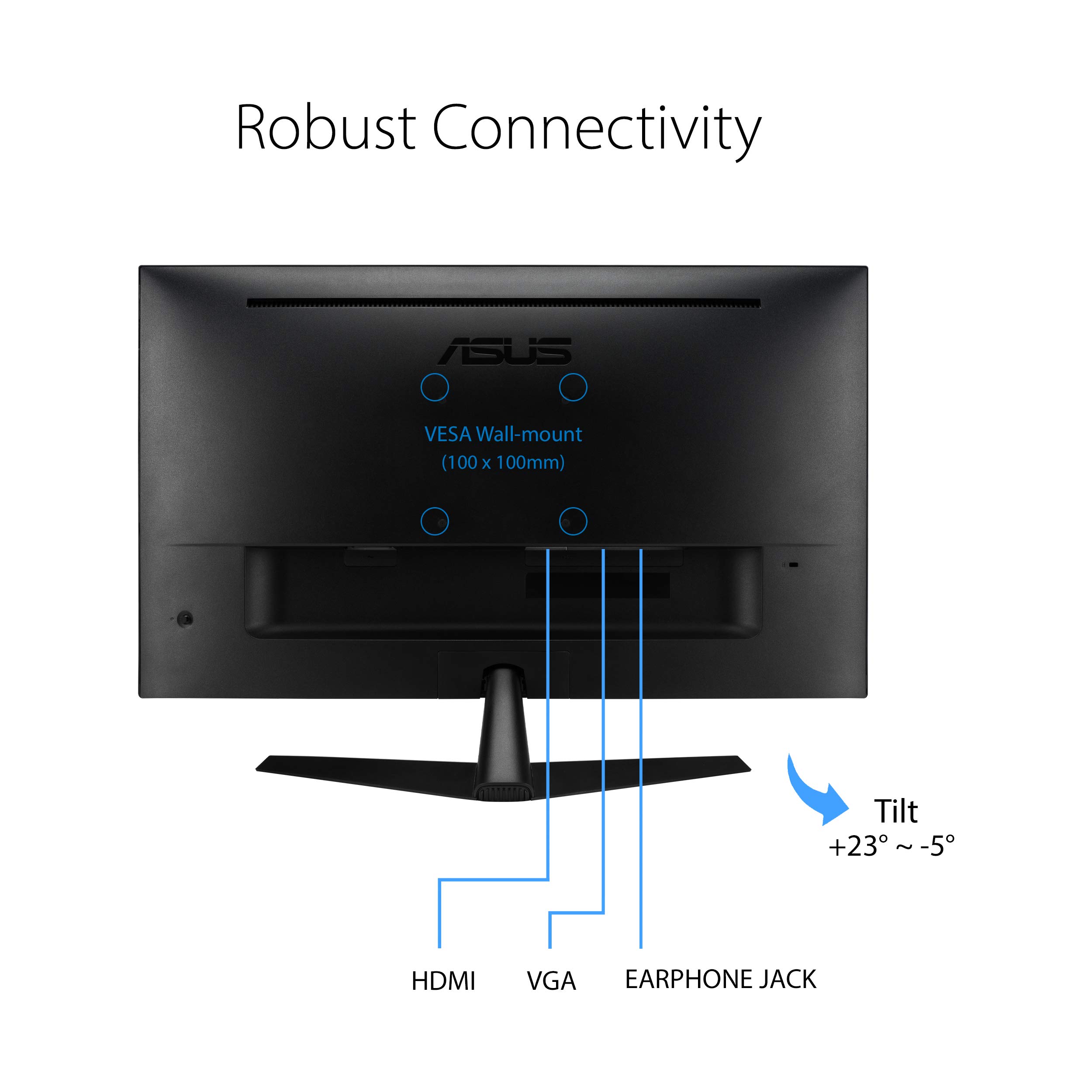 ASUS VY279HE 27” Eye Care Monitor, 1080P Full HD, 75Hz, IPS, 1ms, Adaptive-Sync, Eye Care Plus, Color Augmentation, HDMI VGA, Frameless, VESA Wall Mountable