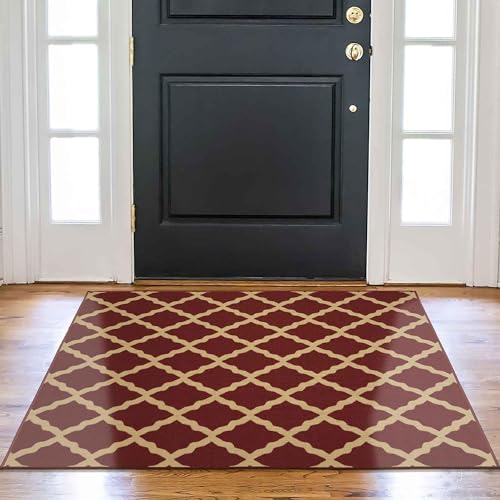 Machine Washable Trellis Design Non-Slip Rubberback 3x5 Traditional Area Rug for Living Room, Bedroom, Kitchen, 3'3 x 4'11", Red