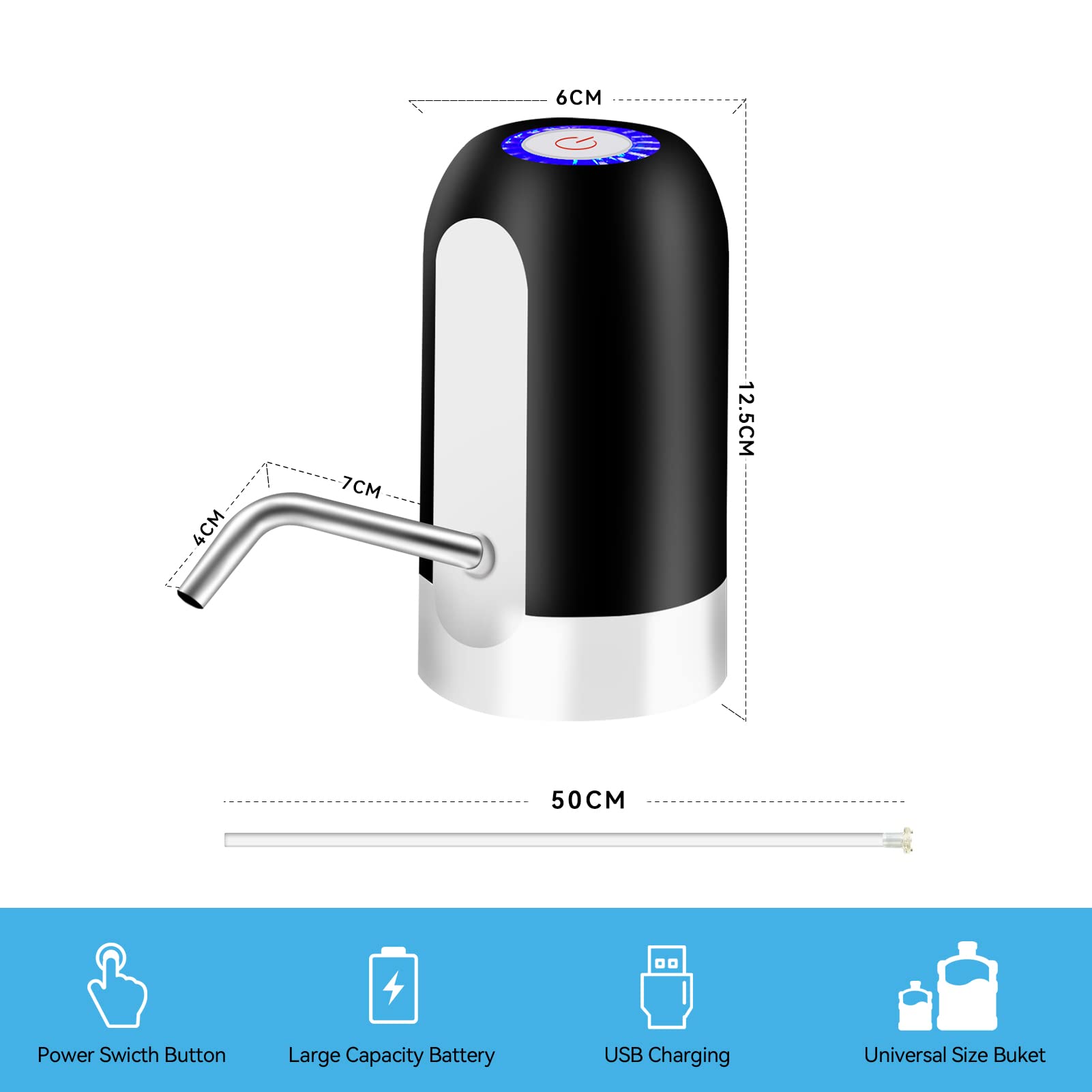 Ausxaron Water Bottle Dispenser, Water Pump Dispenser, Portable Electric Water Jug Pump USB Charging Automatic Drinking Water Pump 1200mAh for Home, Camping Office, Universal 2-5 Gallon - Black
