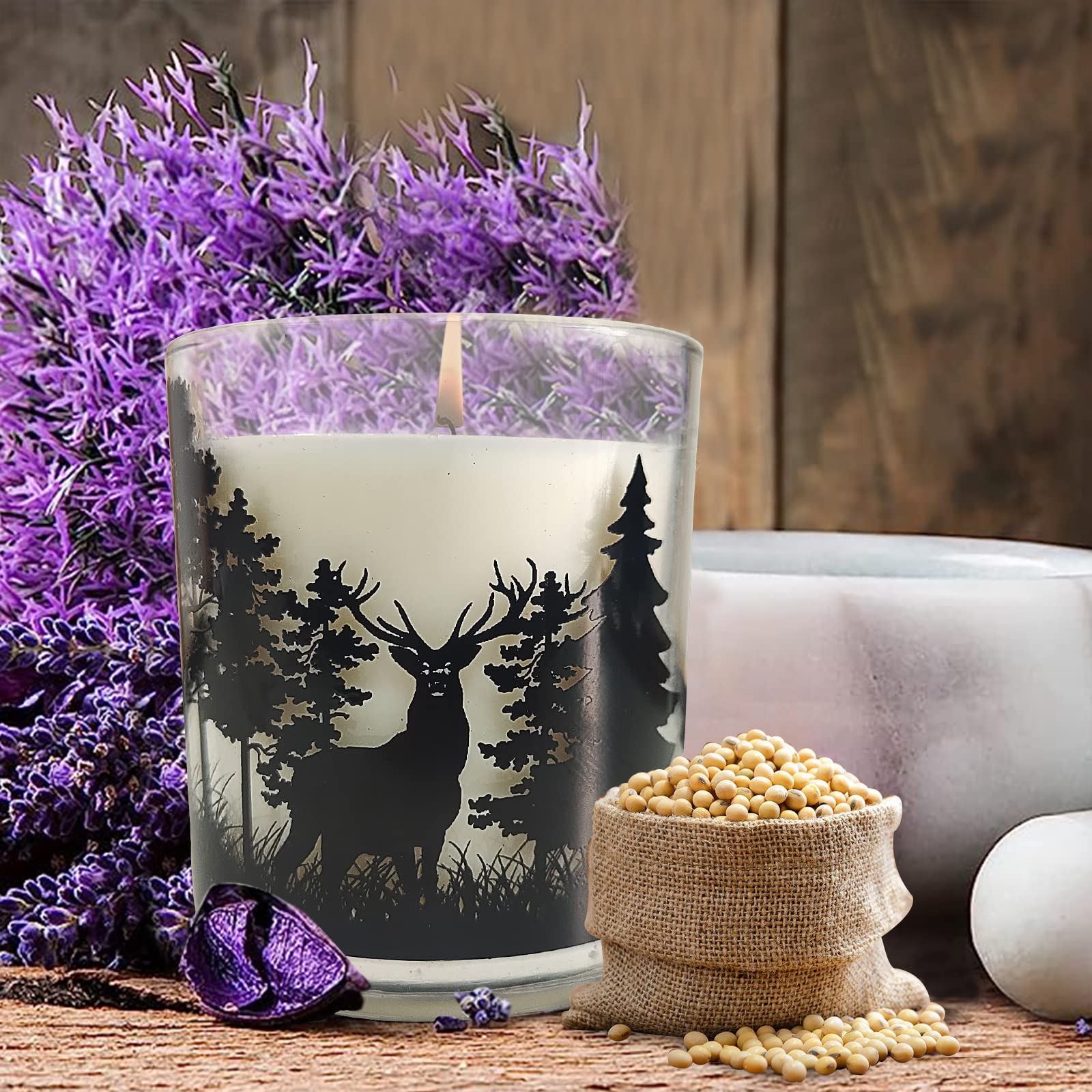 Scented Candles Gifts for Him/Her,Stress Relief Relax Gifts for Women/Men,Lavender Candle Soy Wax Aromatherapy Candles ,7.5 Oz Candle with Tree Deer Decal,Forest Landscape Shadow Glass Jar Candle