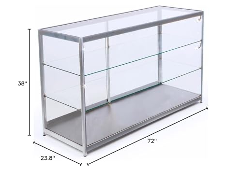 Displays2go 6’ Counter Glass Showcases with Side Lighting, Lockable, Tempered Glass Shelves, Aluminum Frame – Silver (JBQCT72LED)