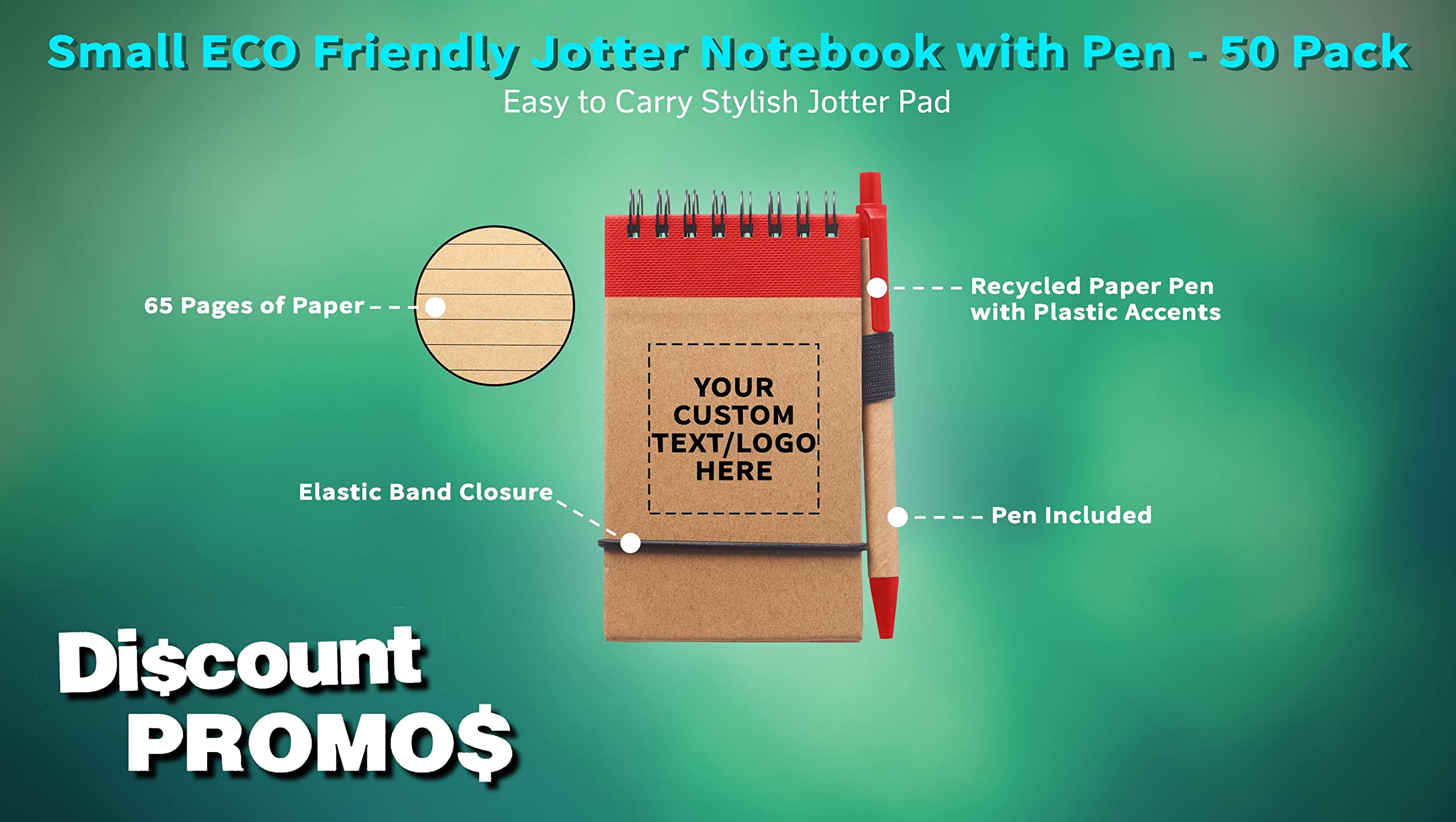 DISCOUNT PROMOS 50 ECO Jotters with Pen Set - Customizable Text, Logo - Recycled Paper, 3 x 5 inches, Minimalist, Handy - Red