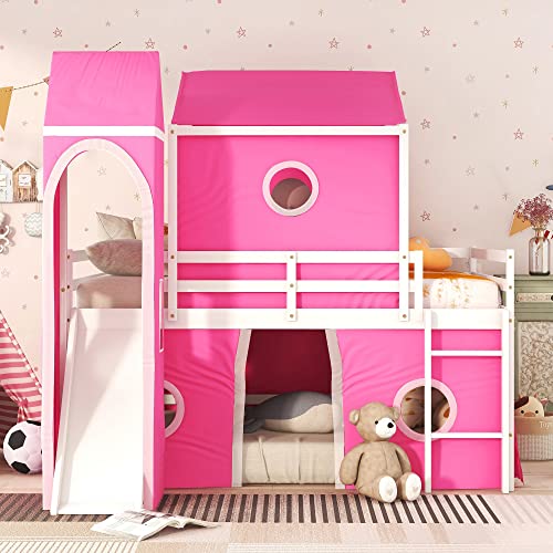 BOVZA Castle Full Low Loft Bed with Slide Pink Tent and Tower for Kids Teens Boys Girls, Pink