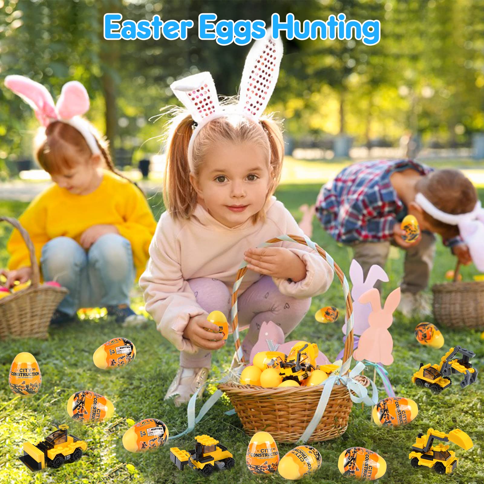 EZIGO Easter Eggs Fillers with Construction Vehicles Building Blocks, 12 Pack Bulk Toy, Basket Stuffers Easter Party Favors Supplies Classroom Prize Easter Hunts Gift for Kids