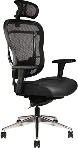 Oak Hollow Furniture Aloria Series Office Chair Ergonomic Executive Computer Chair Genuine Leather Seat Cushion, Mesh Back Adjustable Lumbar Support Swivel Tilt High-Back (Black, Tall, Headrest)
