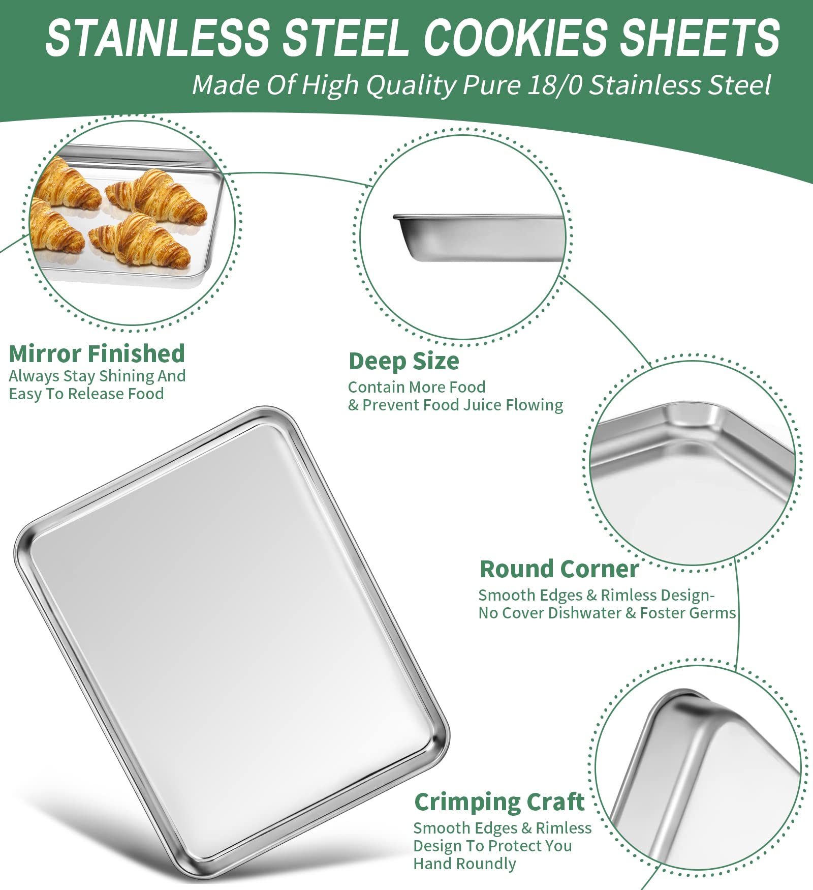 Baking Sheets Set of 2, HKJ Chef Cookie Sheets 2 Pieces & Stainless Steel Baking Pans & Toaster Oven Tray Pans, Rectangle Size 12.5Lx10Wx1H inch & Non Toxic & Healthy & Easy Clean…