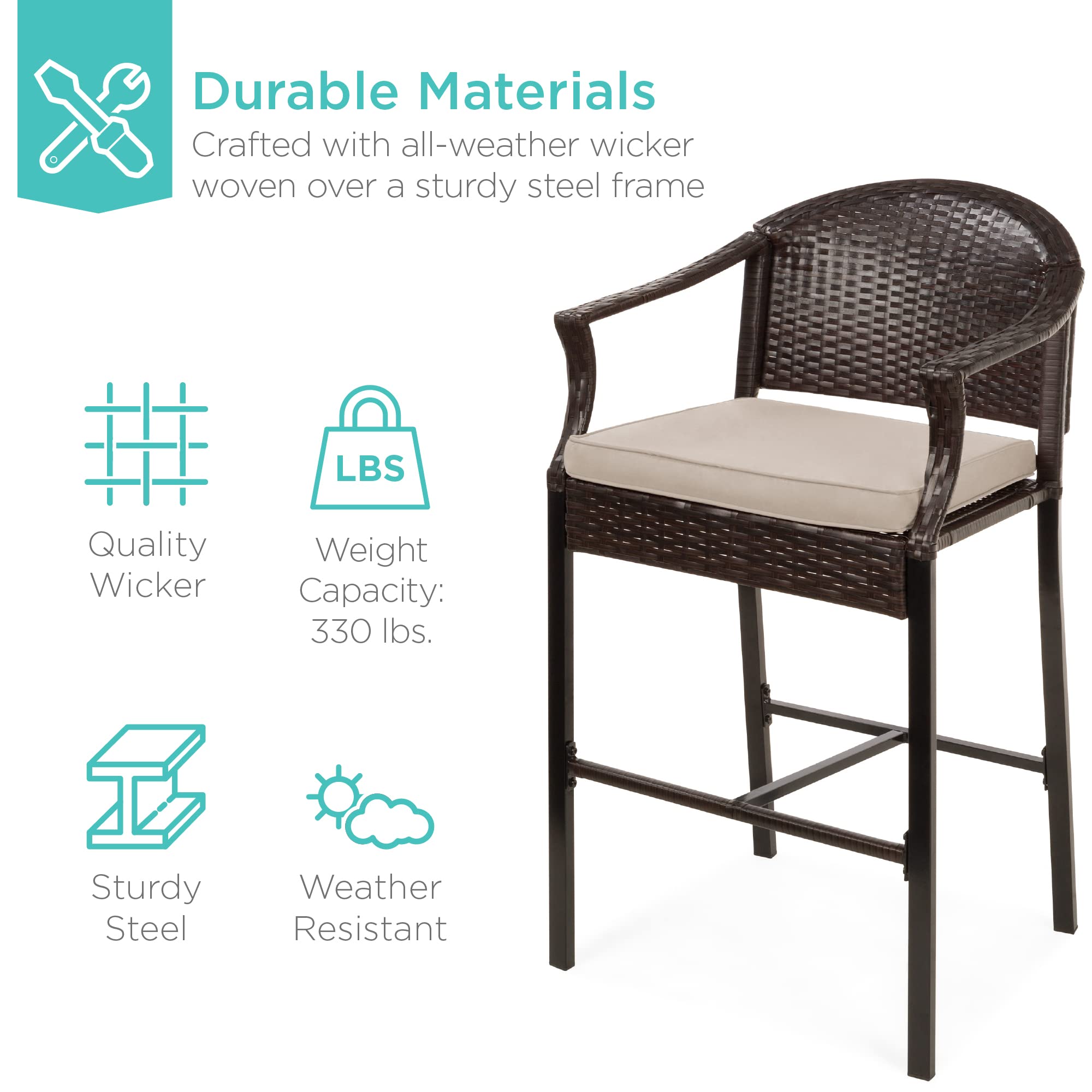 Best Choice Products 3-Piece Patio Bar Table Set, Outdoor Wicker Bar Height Bistro Furniture for Backyard, Poolside, Balcony w/Barstools, Cushions, Steel Frame β Brown/Beige