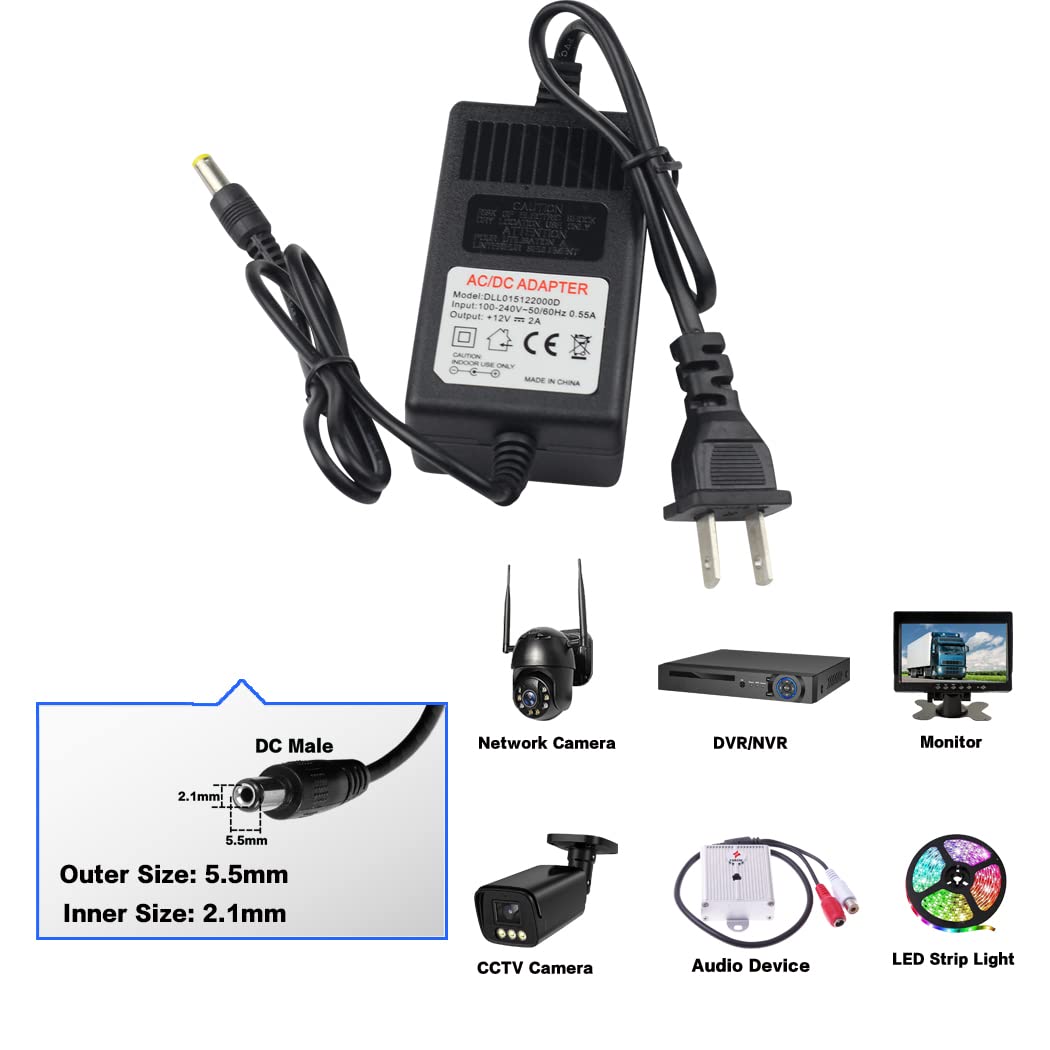 Vanxse Ac 100V-240V to Dc 12v 2000ma 2a CCTV Power Supply Adapter for Home Security Camera Surveillance System