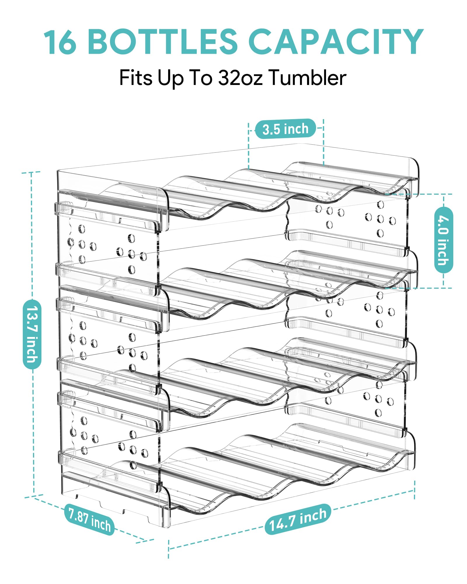Areforic 4 Tier Water Bottle Organizer - 16 Bottle Stackable Holder for Tumblers, Cups, Wine Bottles - Free-Standing Kitchen Organization Shelf Rack for Cabinet, Countertop, Pantry, Clear Plastic