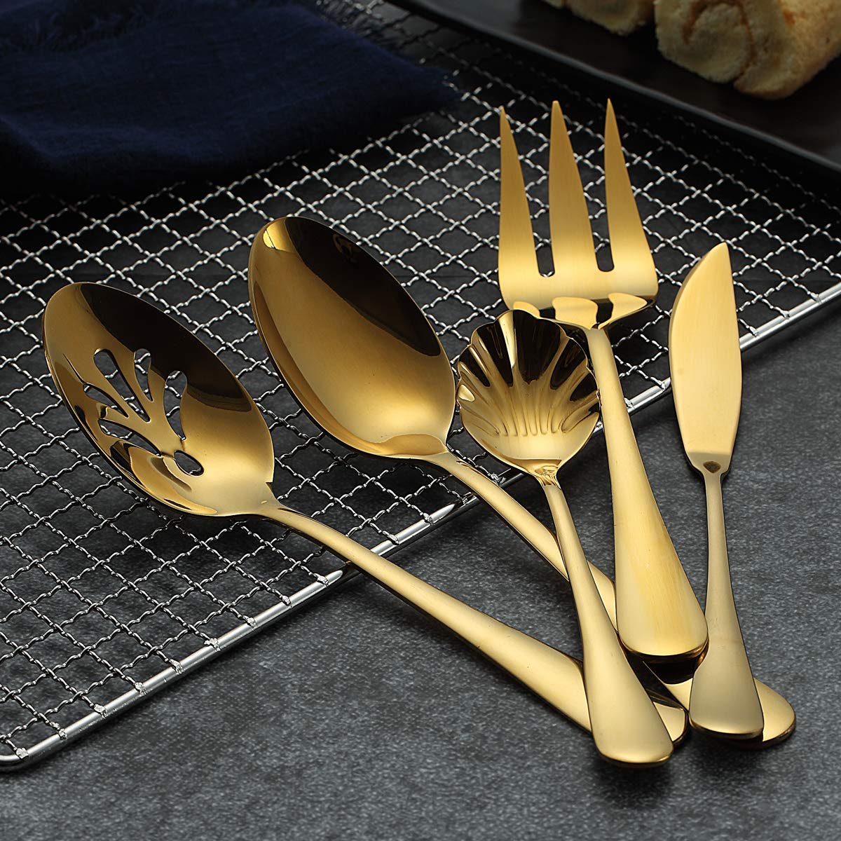 Berglander Stainless Steel Golden Titanium Plated Flatware Serving Set 6 Pieces, 5 Serving Pieces of 45 Pieces Flatware with 1 Cake Server, Golden Serving Silverware Set (Shiny Golden)
