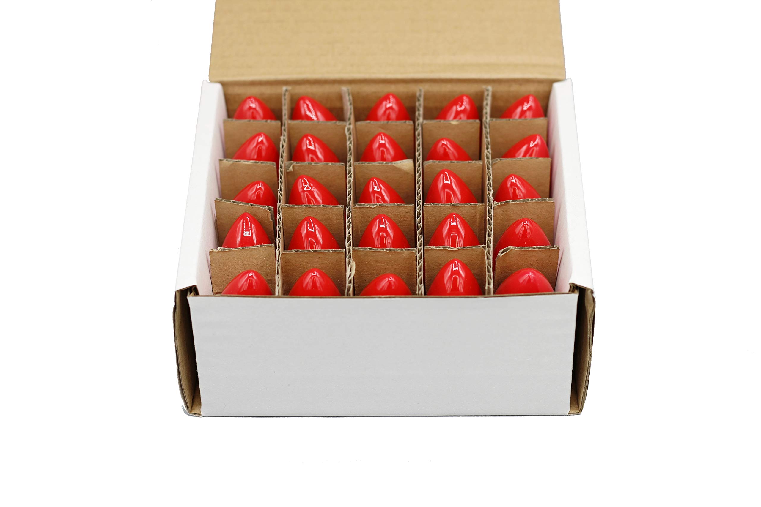 Creative Hobbies® Box of 25 Light Bulbs, Ceramic Opaque Red, Steady Burning, 7 Watt Incandescent, C7 Candelabra Base - Great for Christmas Strings and Decorative Lights