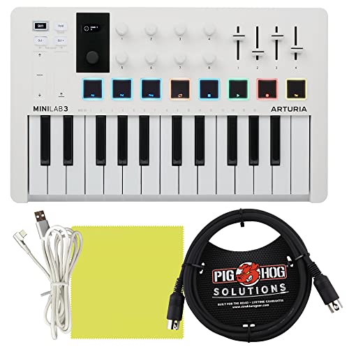Arturia MiniLab 3 Portable MIDI Keyboard Controller with Pig Hog MIDI Cable & Polishing Cloth - 25 Key MIDI Controller, White Mini Keyboard for Recording Studio, Music Equipment with Software Included