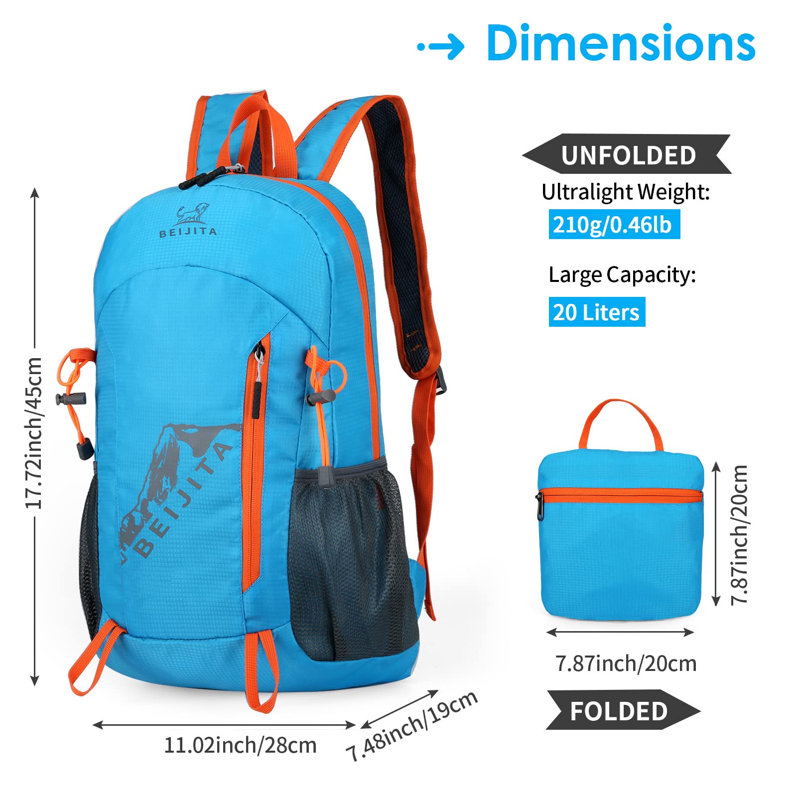 BEIJITA 20L Lightweight Hiking Backpack, Foldable Waterproof Back Pack, Packable Small Travel Backpack for Men, Ultra Lightweight Backpack for Women Men(Black)