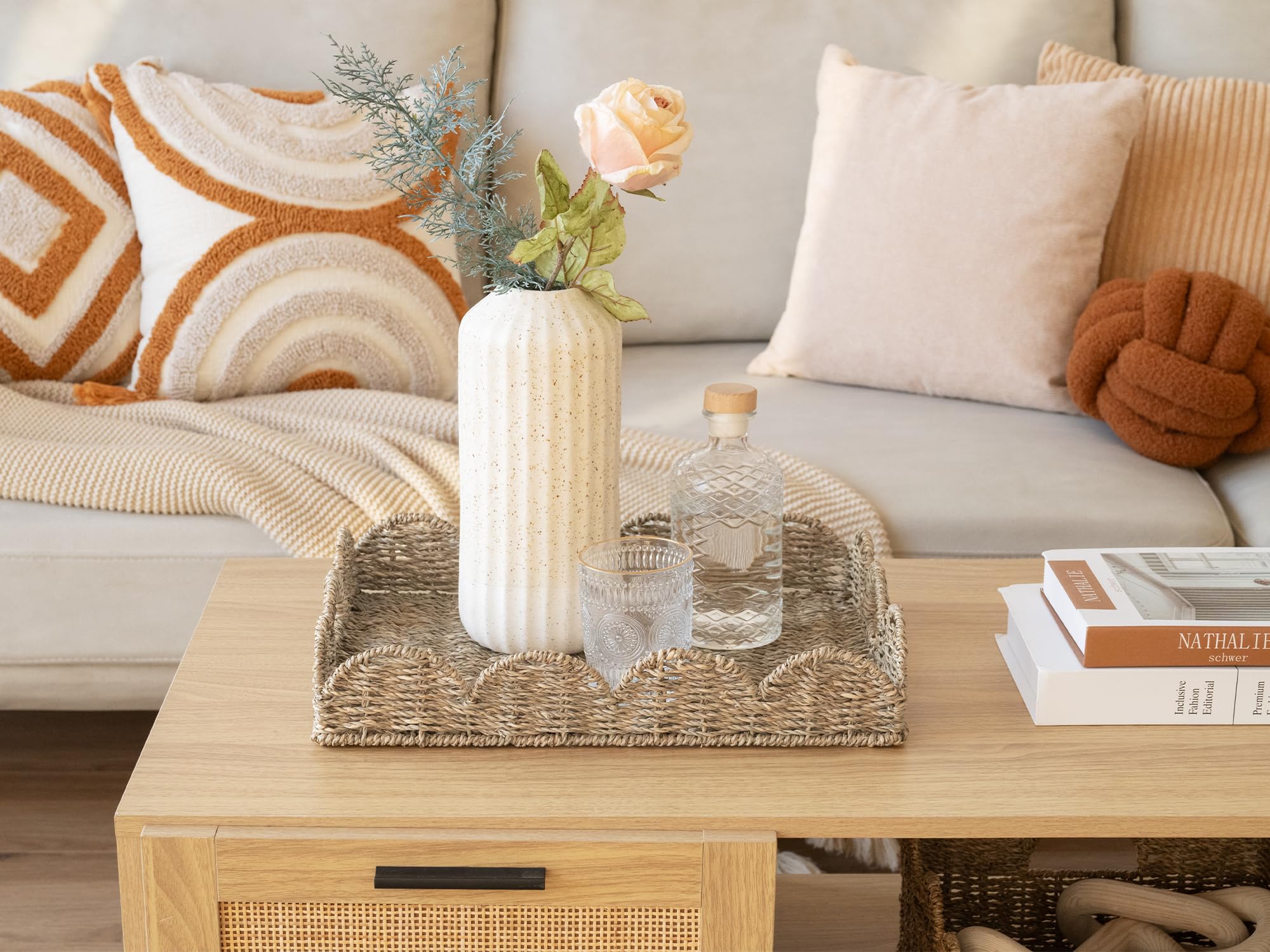 StorageWorks Scalloped Tray, Wicker Rattan Serving Tray with Handles, Woven Rectangle Seagrass Tray, Scalloped Basket Table Décor Trays, Rattan Basket Tray for Ottoman Decorative and Organizer Trays