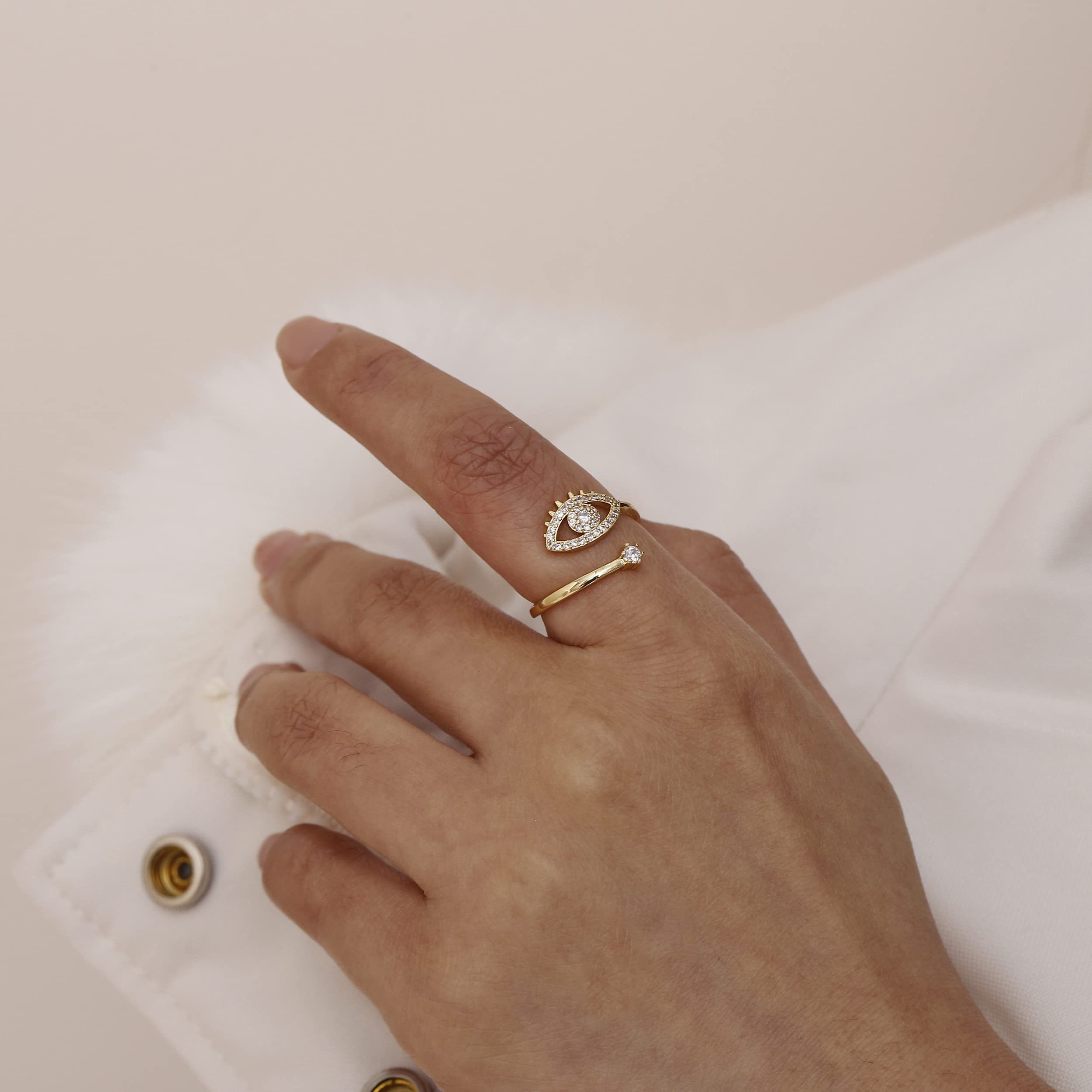 ASCOMY Adjustable Evil Eye Ring for Women 14K Gold Plated Dainty Stacking Cubic Zirconia Opening Finger Rings Crystal CZ Zircon Ring Everyday Jewelry Gifts