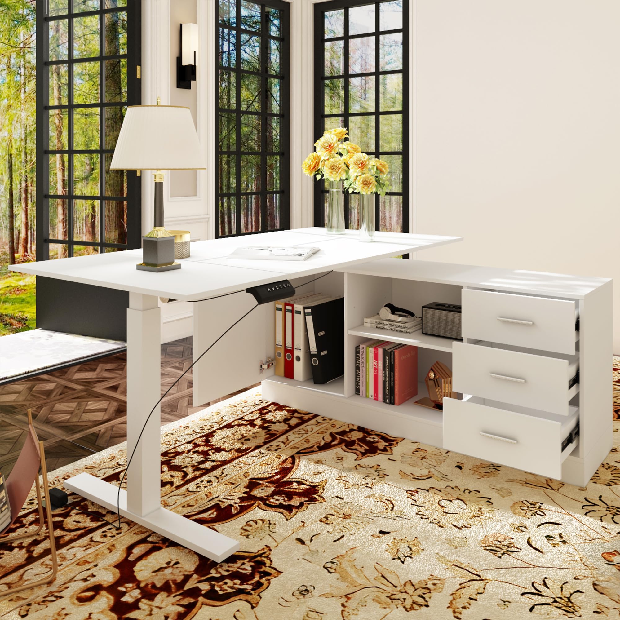 Homsee Home Office L Shaped Electric Standing Desk with Drawers and Shelves, Height Adjustable & Shape Reversible Stand up Desk, 63" Computer Desk Executive Corner Desk, White