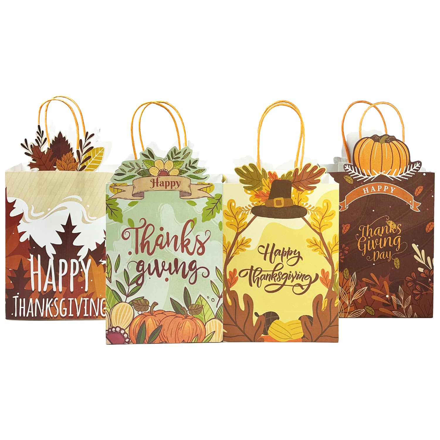 qiqee 24-Packs Thanksgiving Paper Gift Bags with Handles Bulk 8.26×6×3.15 Inch Pumpkin Gift Bags Multiple Uses (Small Size)