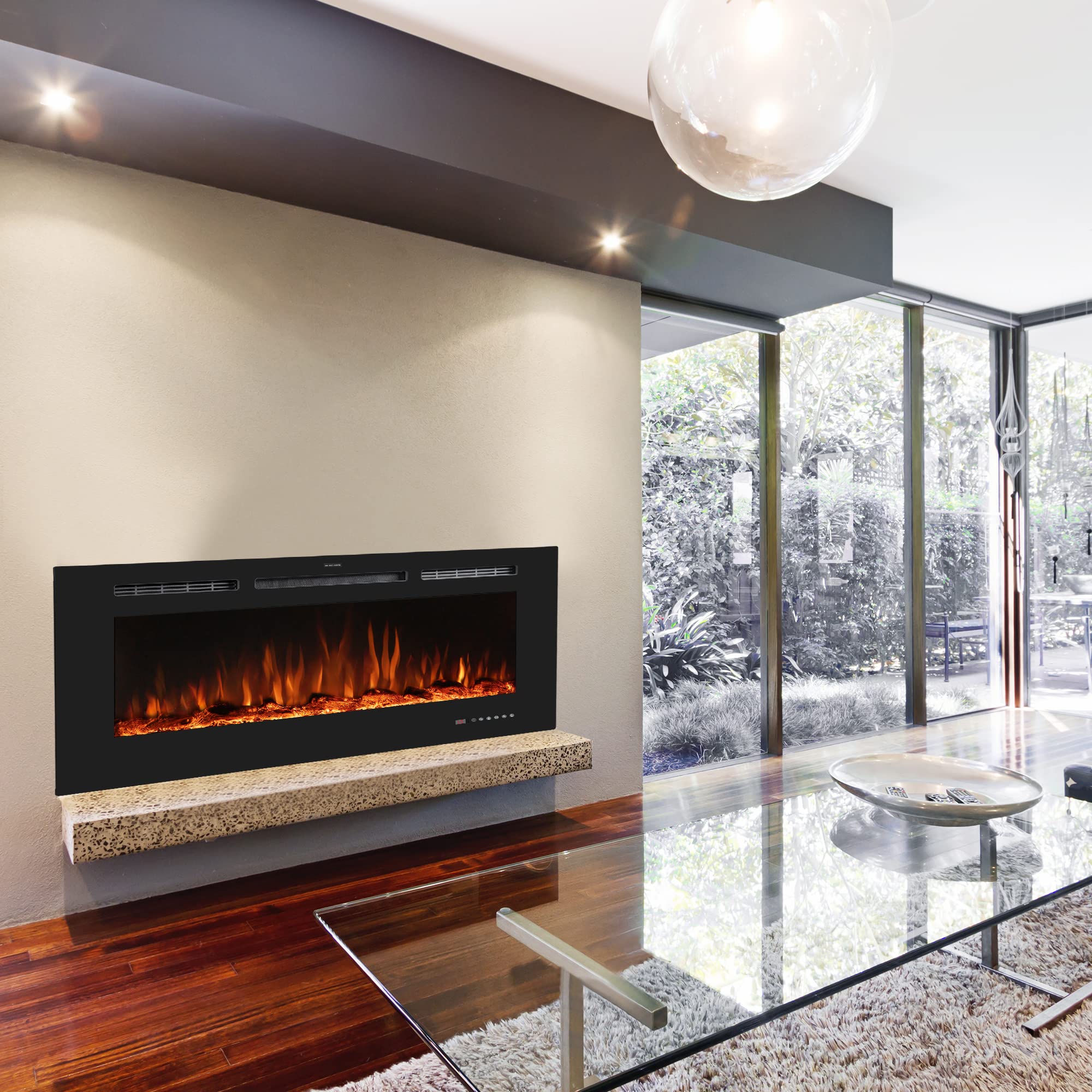 Benrocks 42'' Electric Fireplace Inserts, Recessed & Wall Mount Electric Heater and Linear Fireplace with Remote Control, Adjustable Flame Color, Temperature, Timer 750/1500W Black…
