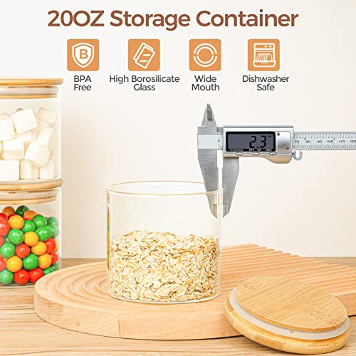 ComSaf 20 oz Glass Food Storage Jars Set of 6, Clear Storage Containers with Airtight Bamboo Lid, Pantry Organization Jar, Spice, Blooming Tea, Coffee and Sugar Container, Canister Set for Kitchen