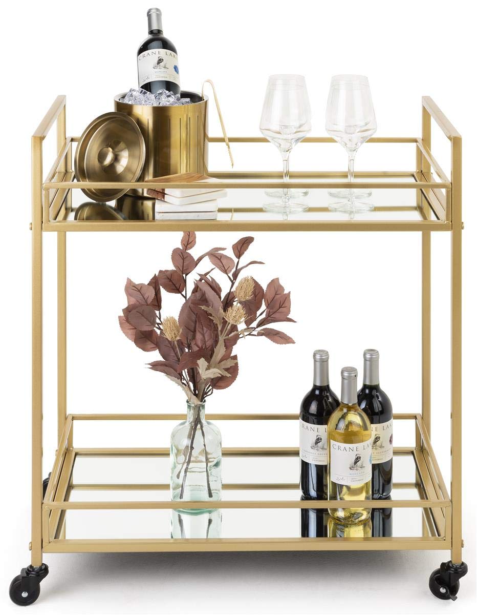 Displays2go Rolling Metal Bar Cart, Mirrored Glass Shelves, Four Swiveling Casters - Gold (FSBEVCART1)