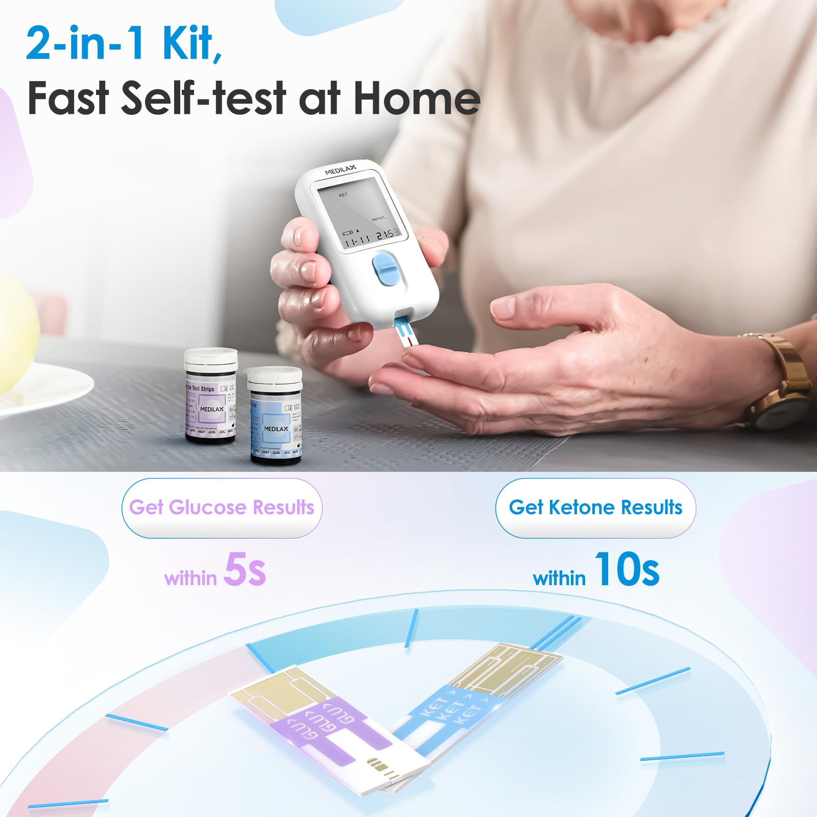 Medilax Blood Ketone and Sugar Strips, Only for Medilax Keto Test and Glucose Meter, 60 Count Diabetic Strips, 60 Count Blood Ketone Strips, 120 Blood Lancets