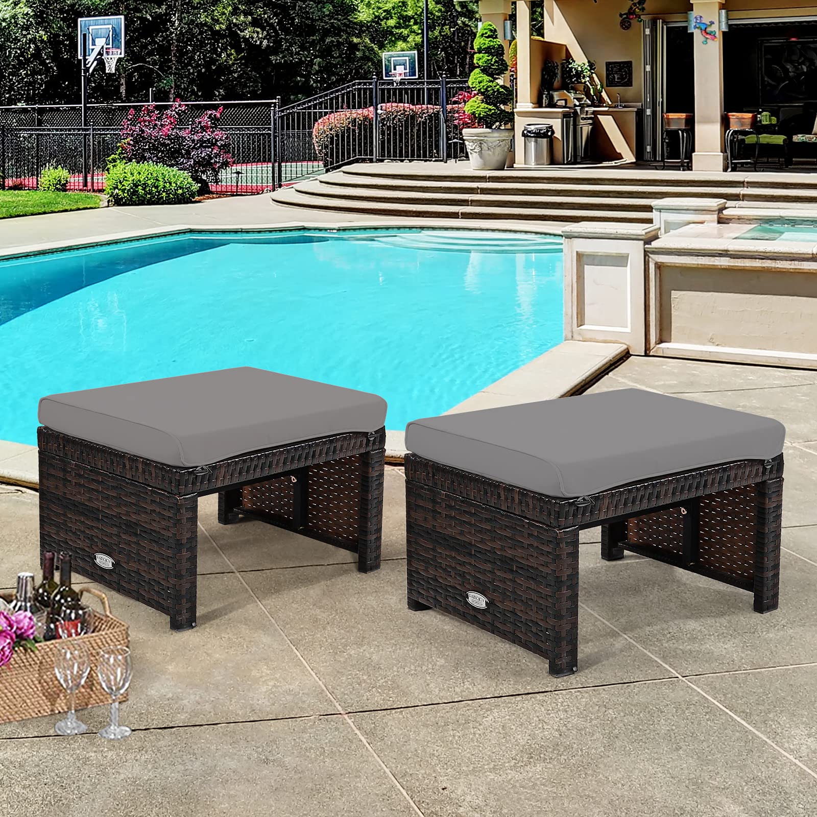 DORTALA 2 Piece Patio Wicker Ottomans, Outdoor Foot Rest with Cushions, PE Rattan Footstool for Patio, Garden, Poolside, Grey