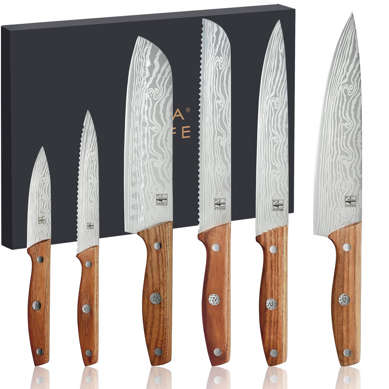 EUNA 6 Pieces Knife Set with Ergonomic ASH Handle, Kitchen Knife with High-Carbon Stainless-Steel Blade, Chef Knife Set with Multiple Sizes for Multipurpose Cooking, Gift Box