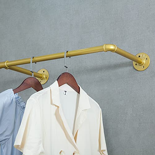 CIVANA Industrial Pipe Clothing Rack Wall Mounted Garment Hanging Bar Retail Display Rack with 3 Tiers Wood Vintage Multi-Purpose Clothes Storage Hanger(Glod, 110'' L)