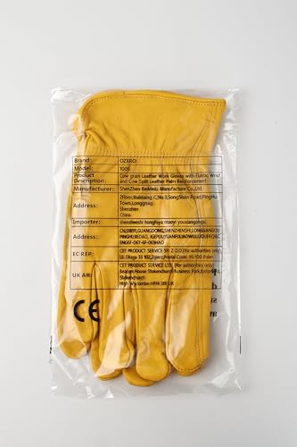 OZERO Leather Work Gloves Flex Grip Stretchable Tough Cowhide Work Gloves 1 Pair (Gold, Medium)