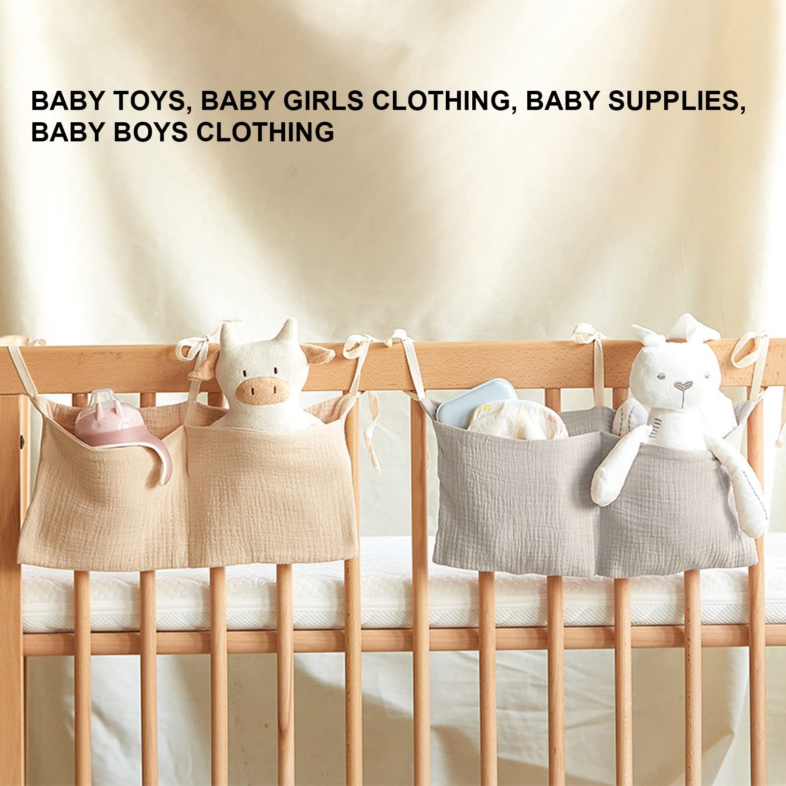 Baby Bed Hanging Bag, Baby Bedside Toy Bag Strap Pure Cotton Fabric 2 Pockets for Home (Beige)