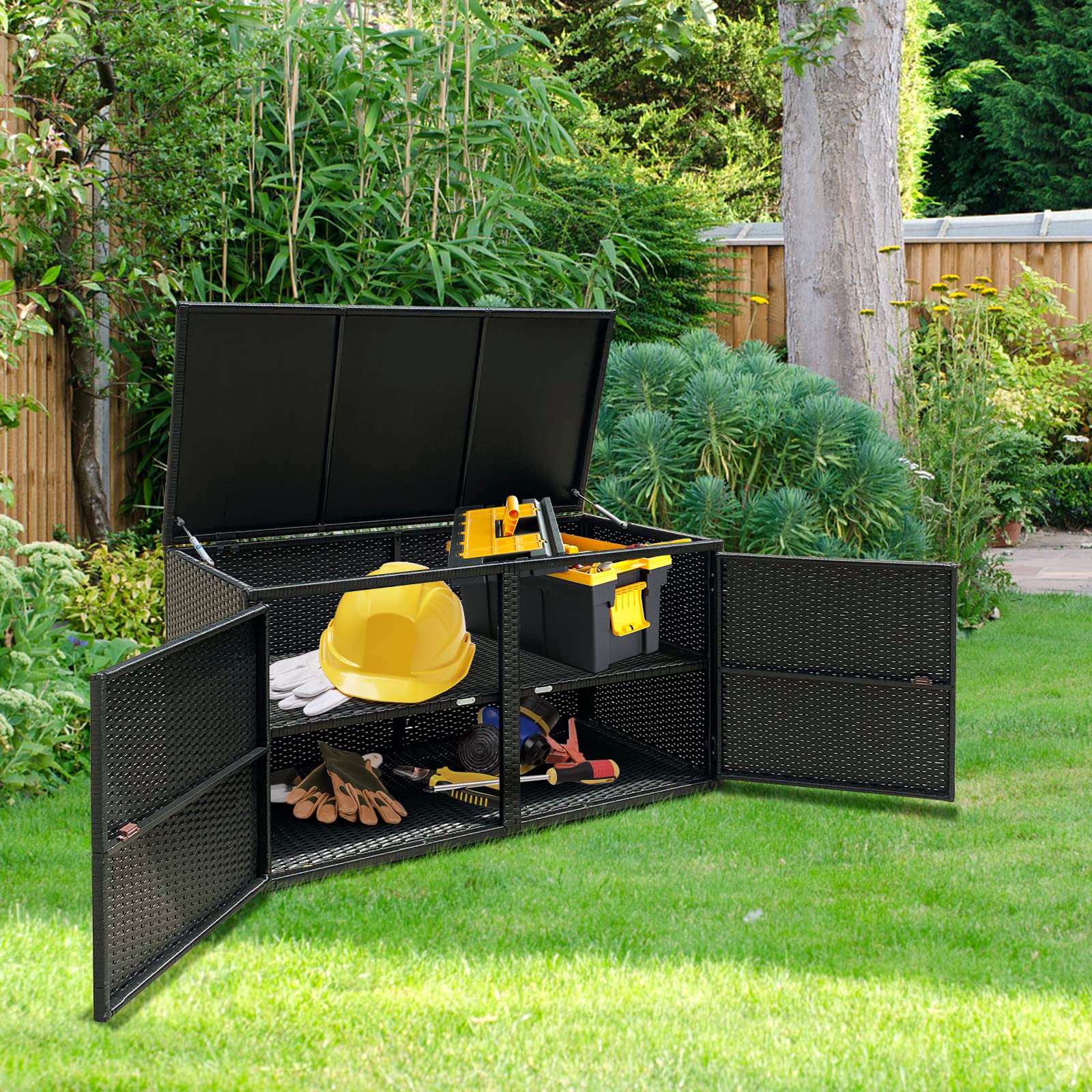 HAPPYGRILL Deck Box Outdoor Wicker Storage Box Cabinet, 88 Gallon Patio Rattan Storage Container Bin Box for Furniture Tools in Garden Balcony Porch Yard
