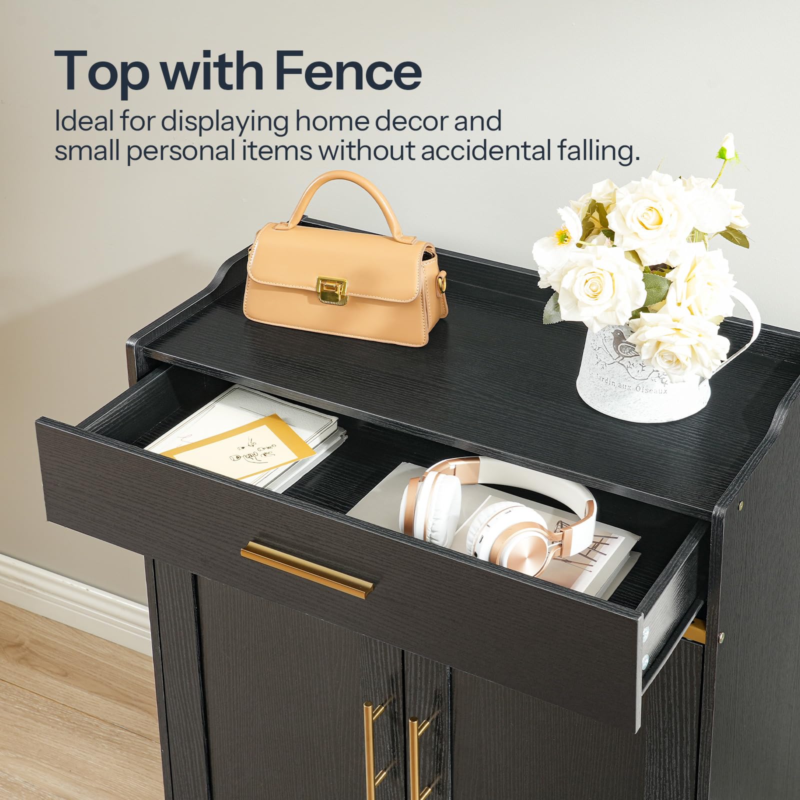 HOOBRO Shoe Storage Cabinet, Narrow Shoe Cabinet, Shoe Cabinet Storage for Entryway, Freestanding Shoe Organizer Cabinet, Shoe Rack Cabinet with Adjustable Shelves, Gold and Black DB14SC01