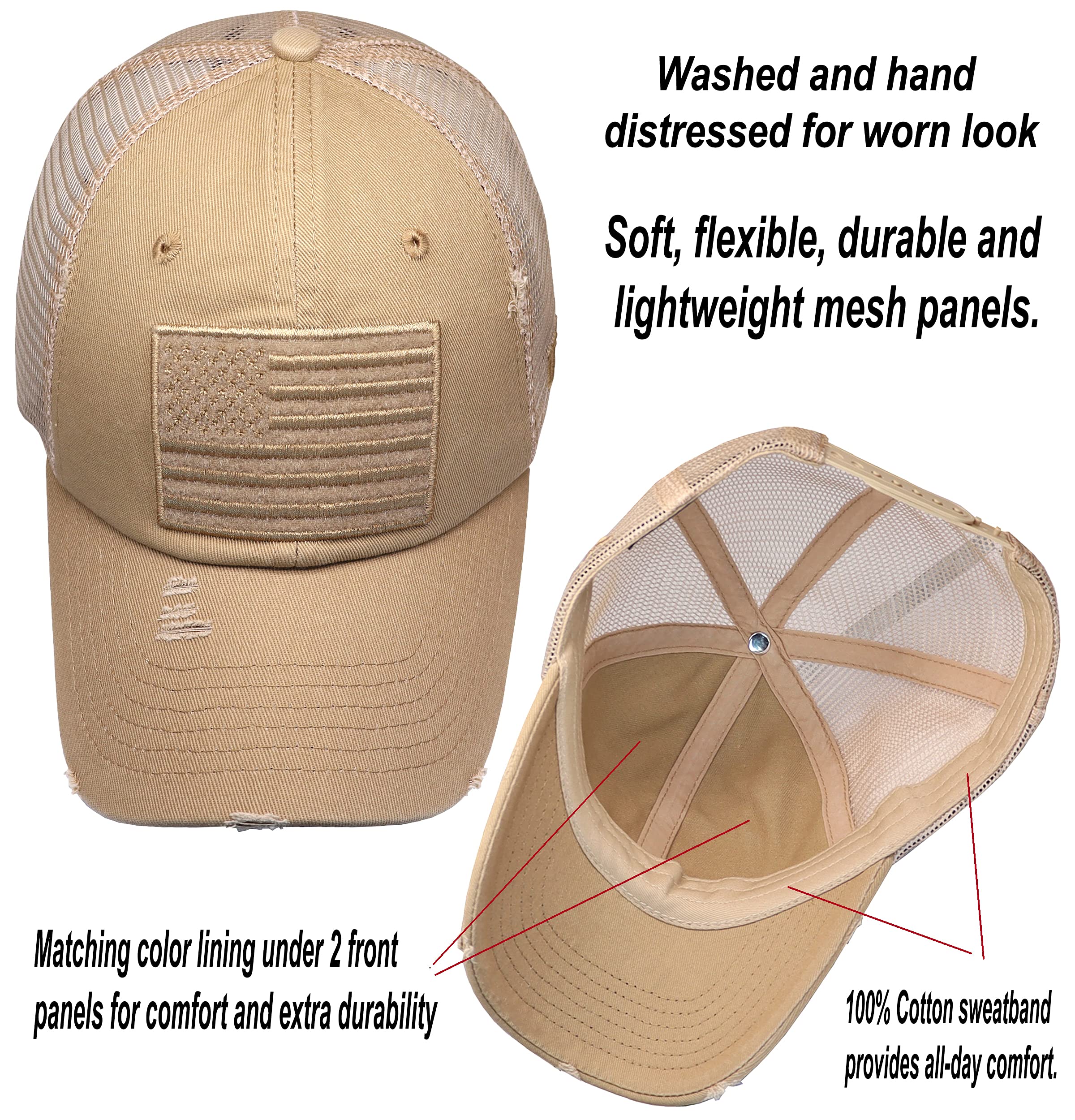 Antourage American Flag Unconstructed Hat for Men and Women Twill Mesh Snapback Baseball USA Flag Cap + 2 Patriotic Patches ((10) Khaki Distressed Mesh Snapback)