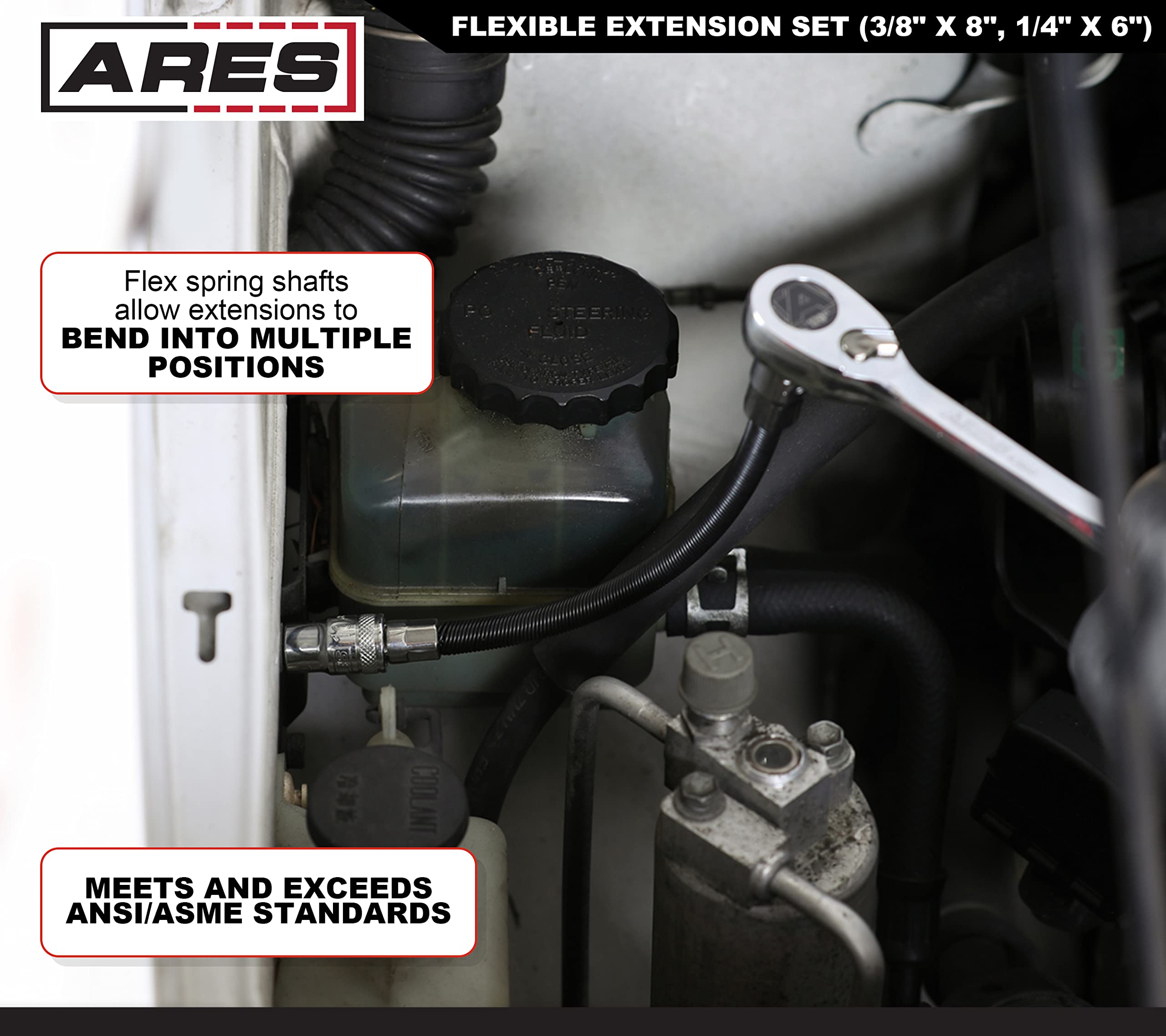 ARES 42071 β 2-Piece Flexible Socket Extension Set β 1/4-Inch and 3/8-Inch Drive Extensions β 6-Inch and 8-Inch Extensions with Flexible Shafts β Spring-Loaded Detent Balls to Prevent Slipping