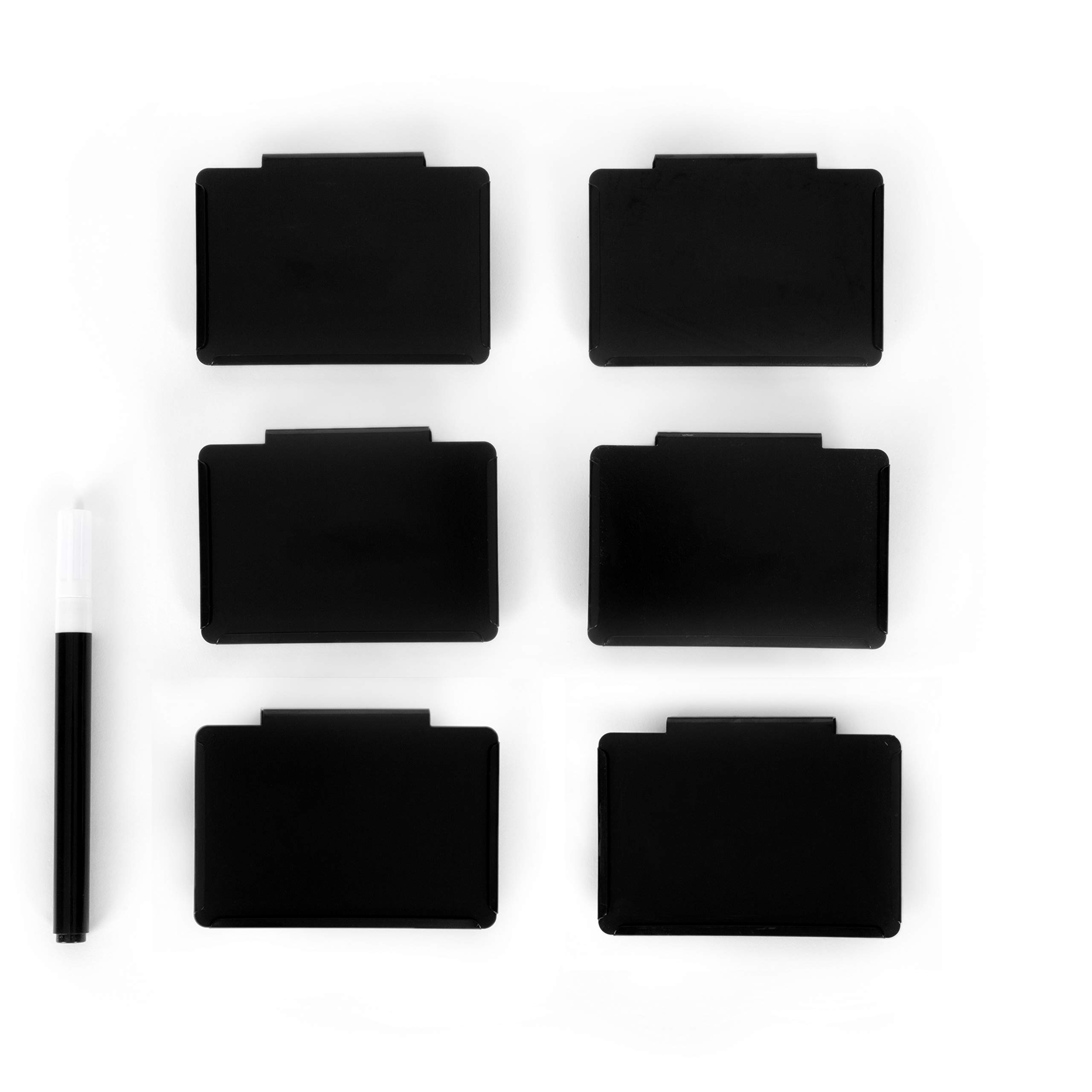 Basket Bin Labels Clip on | Label Holders for Basket or Storage Bins | Metal Hanging Bin Clip Labels | Chalkboard Labels for Baskets - Black Finish [Pack of 6] - Includes [1] White Chalk Marker