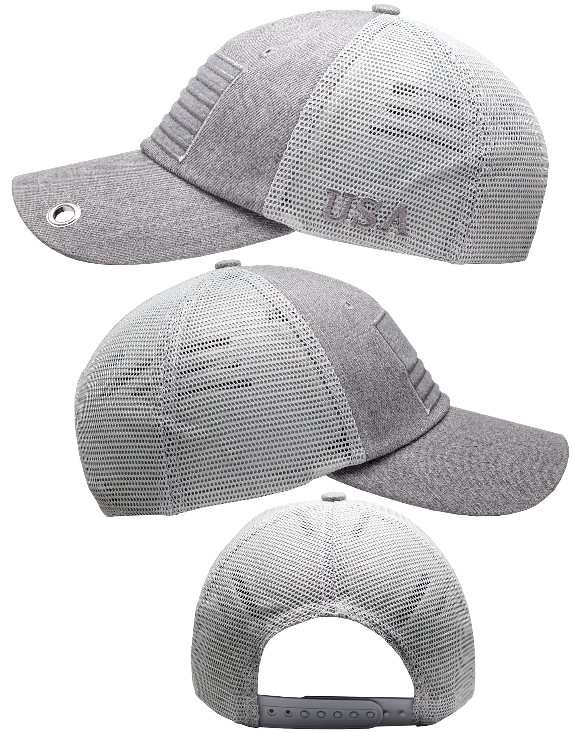Antourage American Flag Unconstructed Hat for Men and Women Twill Mesh Snapback Baseball USA Flag Cap + 2 Patriotic Patches ((52) Grey Classic Mesh Snapback with Keyhole)