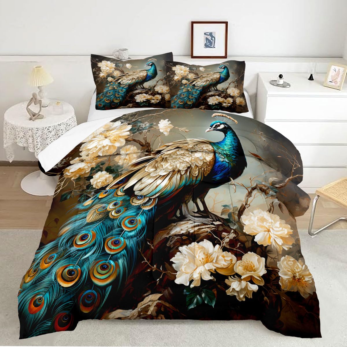 CCoutueChen Peacock Bedding King Size Vintage Floral Comforter Set Blue Peacock Feather Comforter for Girls Women 3Pcs Botanical Comforter with 2 Pillowcases