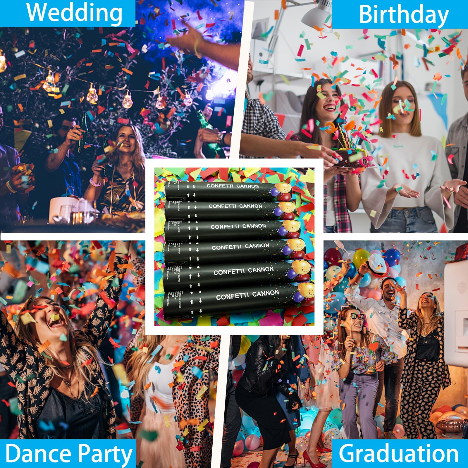 Biodegradable Confetti Cannon 6 Pack - Popper Party 12 Inch Confetti Shooter for Wedding Birthday Graduation Celebration New Year’s Eve Confetti Cannons Launch 20-26 ft