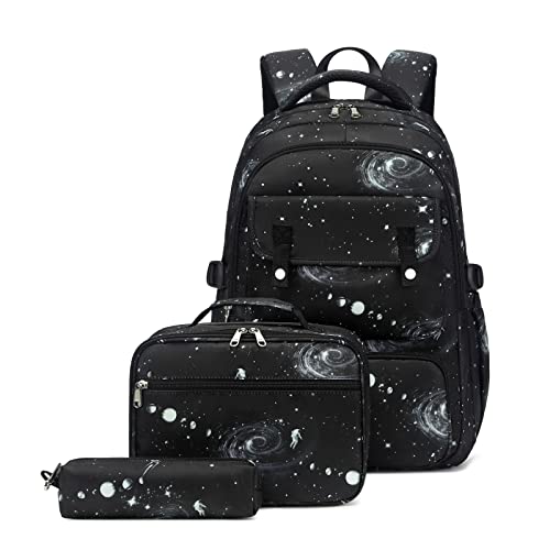 CKEGUO Boys Backpacks and Lunch-Bag Set Primary Junior High School Bag Kids Bookbag 3 in 1 Starry Sky Bookbag (Black)