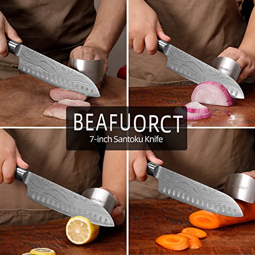 BEAFUORCT Japenses Chef Knife, 7inch Chefs Knife, Stainless Steel Kitchen Knives, High Carbon Chopping Knife, Sharp Santofu Knife with Finger Protector & Gift Box For Kitchen