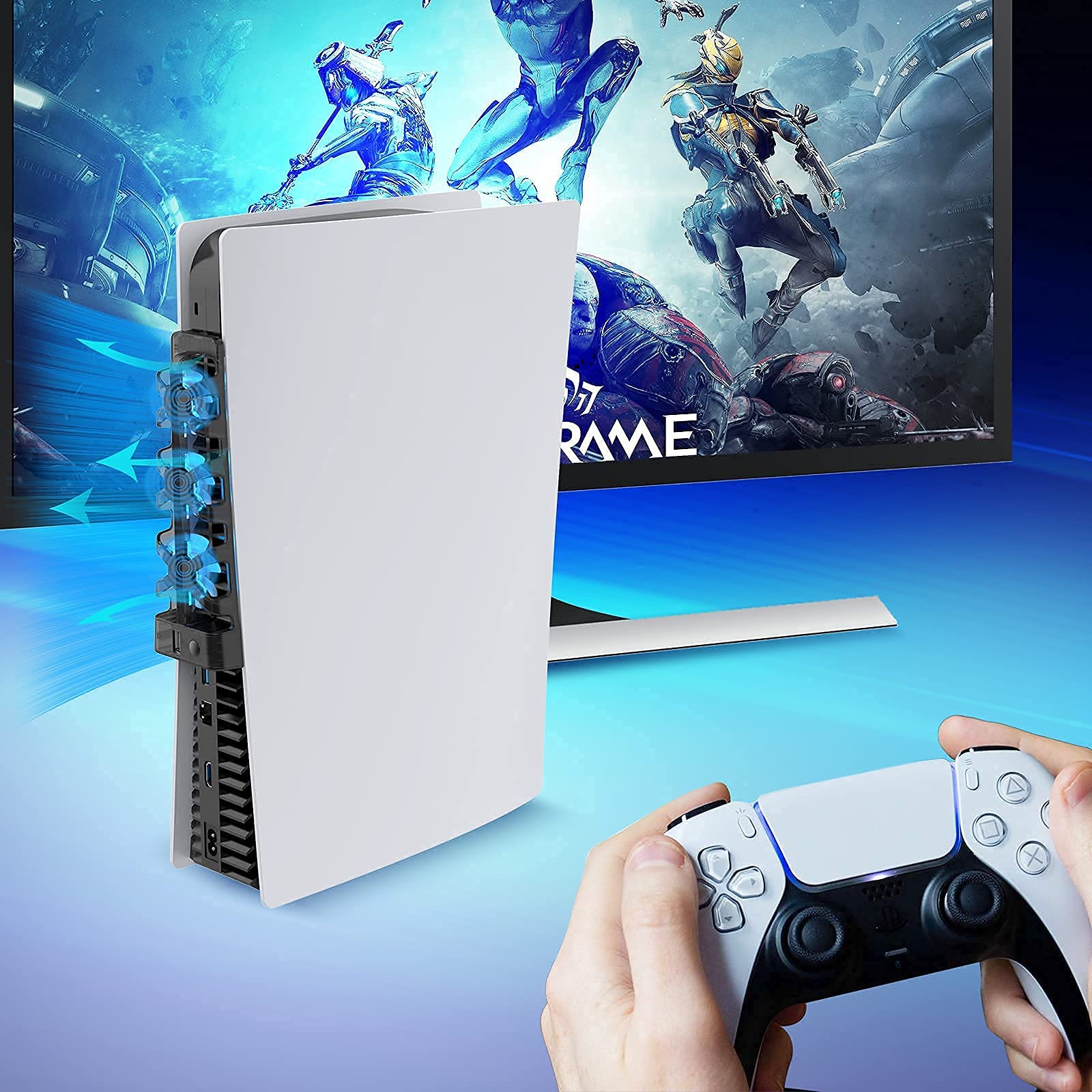 NexiGo PS5 Accessories Black Series, PlayStation 5 Horizontal Stand [Minimalist Design], PS5 Cooling Fan with LED Light, Compatible with Both Disc and Digital Editions