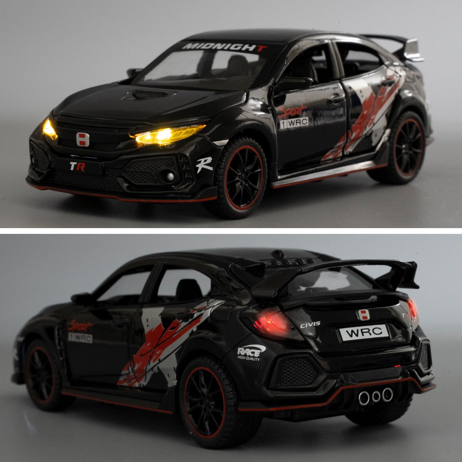 WAKAKAC 1/32 Toy Car for Honda Civic Type-R Diecast Toy Vehicle Metal Pull Back Model Car with Light and Sound for Kids Adults Gift(Black)