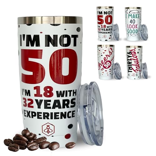 Biddlebee 50th Birthday Gifts Women Travel Coffee Mug w/Slider Lid | 20oz Spill Proof Stainless Steel Insulated Cup | 50 Year Old Birthday Gifts | Funny 50th Birthday Gift Ideas | 50 and Fabulous