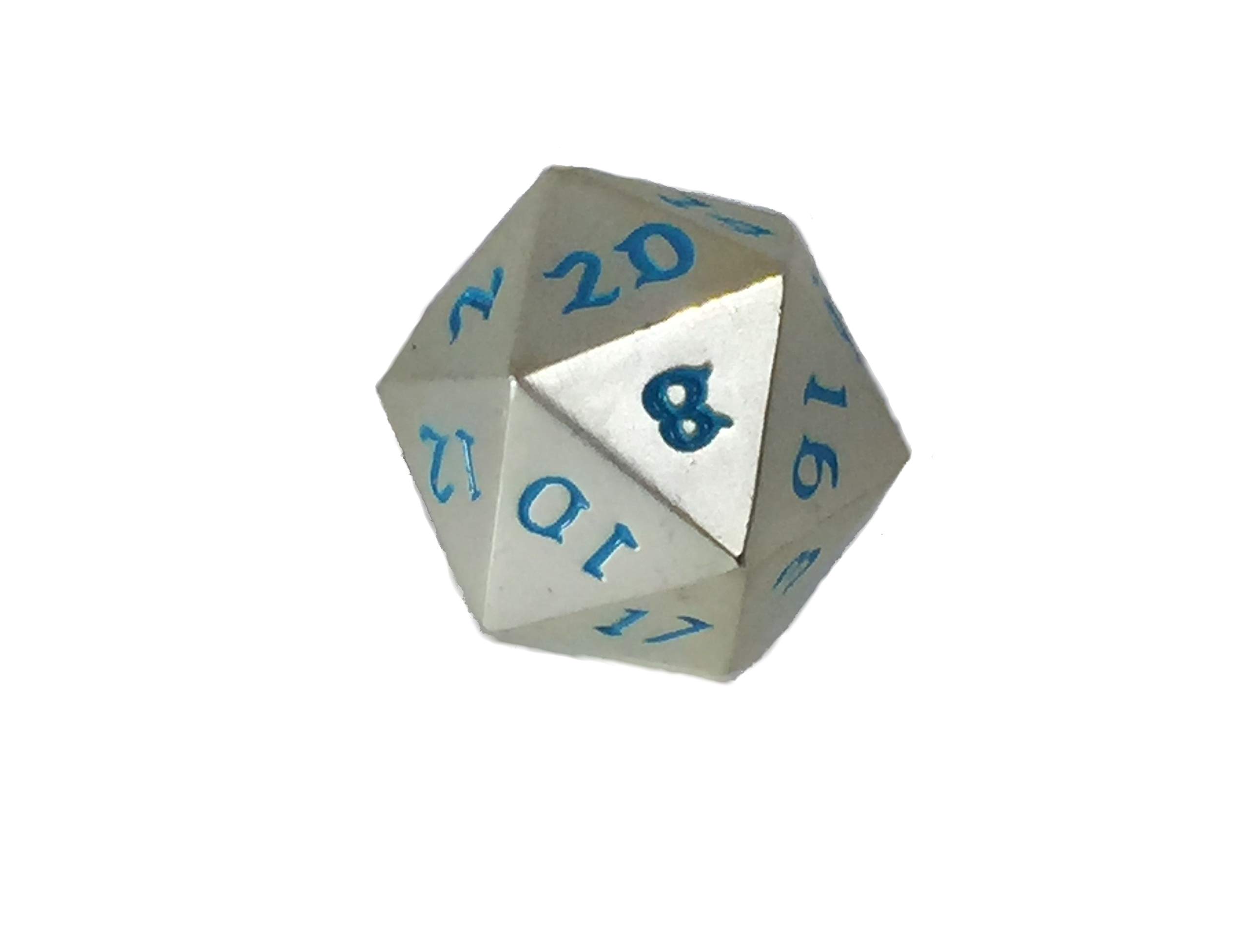 Druid Forge 35mm d20 Dragon Egg dice - Moonlight Blue - Brushed Silver with Bright Blue Numbers