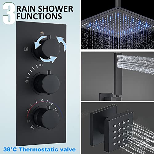Body Jet Shower System 16 Inch LED Rain Shower Head Faucet with Thermostatic Mixer Valve and 6 Massage Body Sprays and Handheld Shower Combo Set Large Flow(Matte Black)